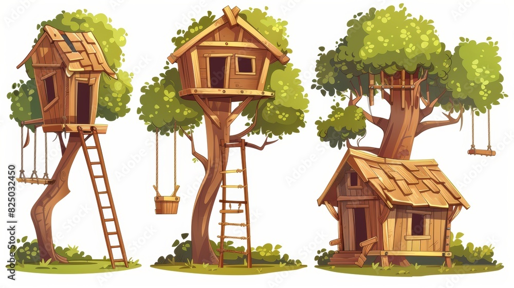 This modern cartoon set of wooden tree houses for kids comes with a ...