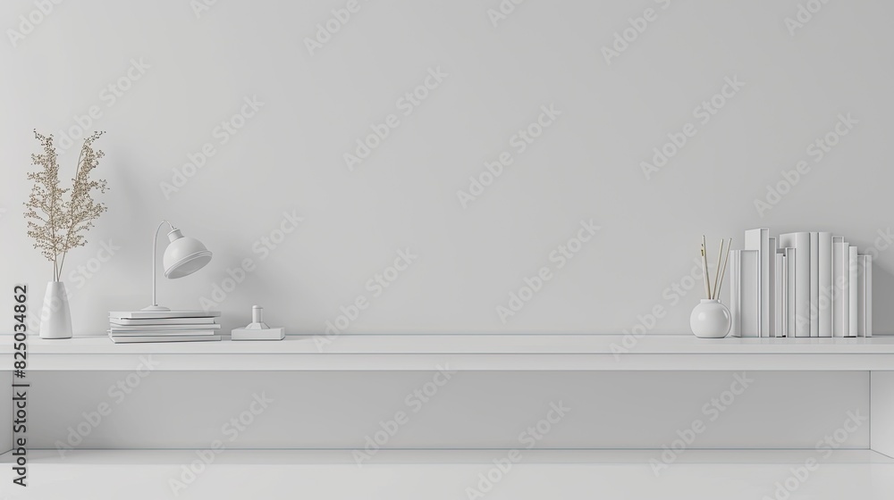 Minimalist white desk with books, stationery and lamp on empty wall ...