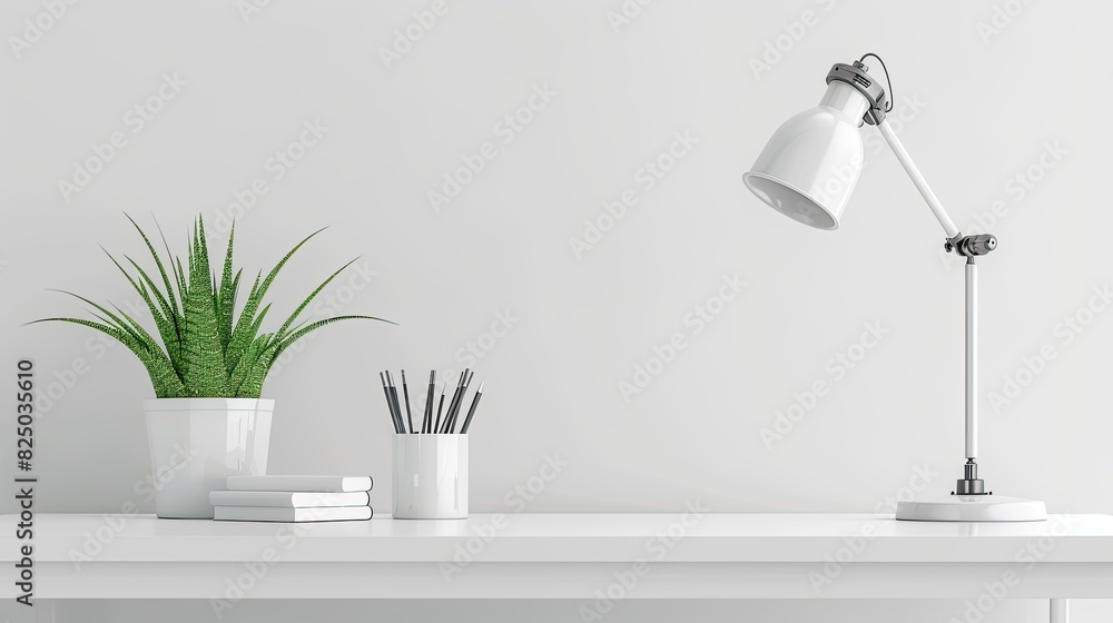Minimalist white desk with books, stationery and lamp on empty wall ...