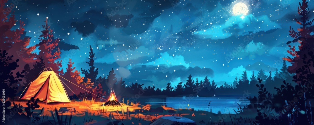 Illustration of a summer camping scene with a tent, campfire, and ...