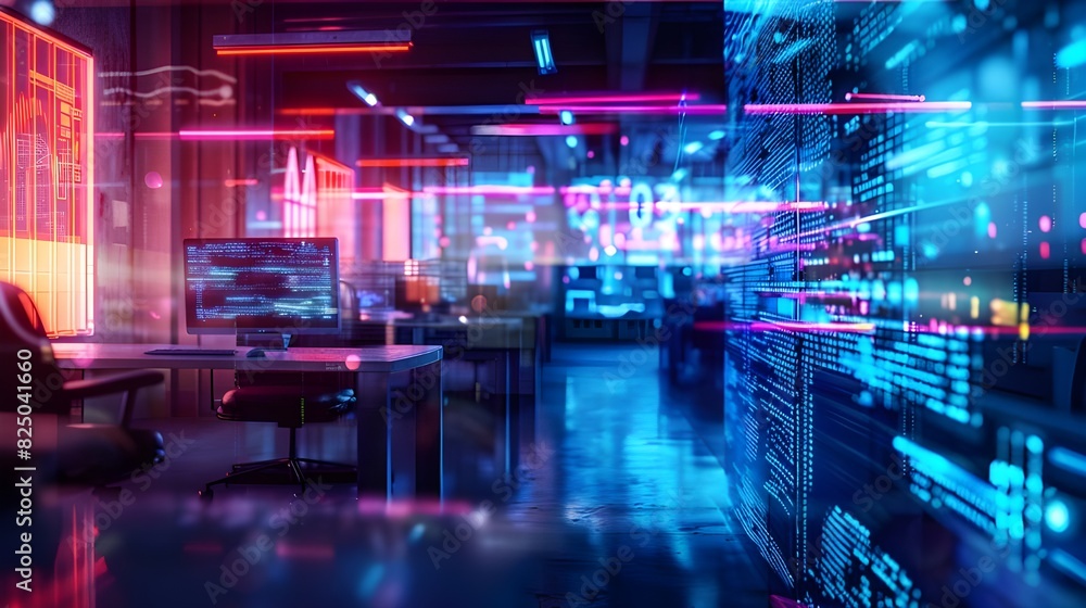 Modern neon cyberpunk open space office interior blurred with ...