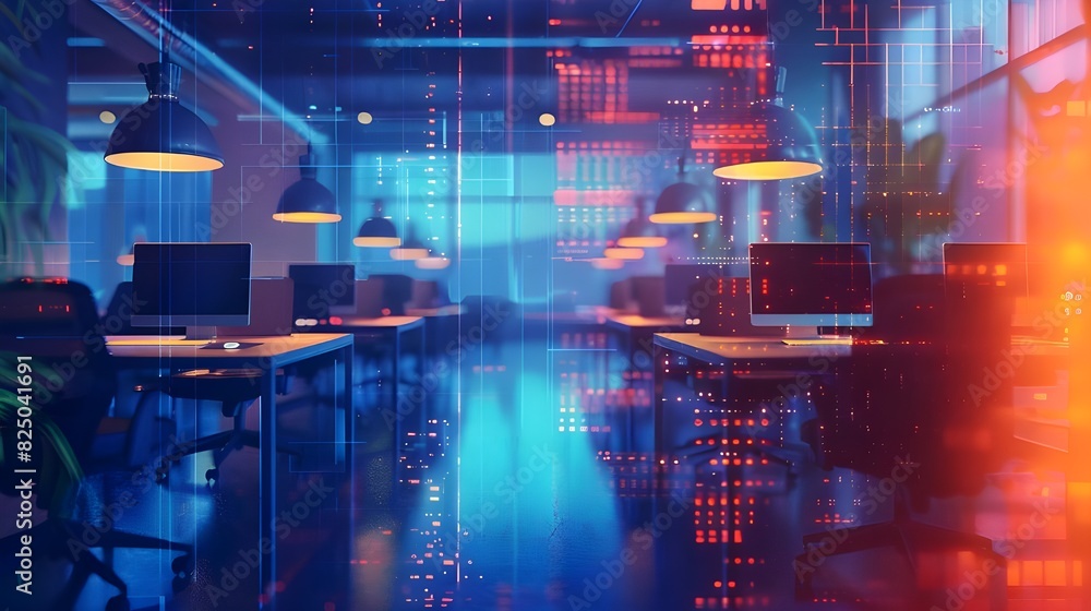 Modern neon cyberpunk open space office interior blurred with ...