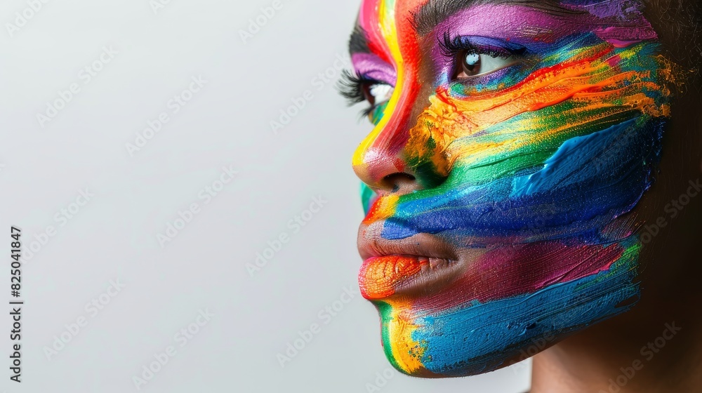 Portrait of non-binary person with rainbow face paint, confident ...