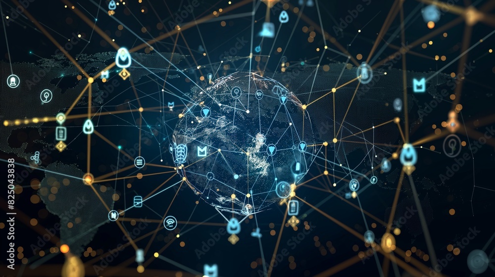 A graphic representation of social media connections, with a digital ...
