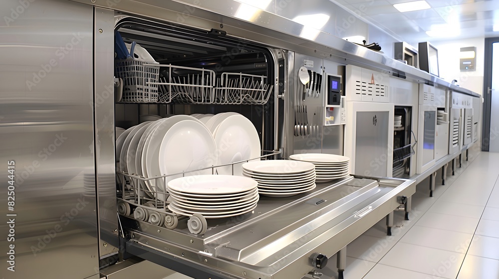 A commercial kitchen dishwasher machine with its door open, displaying ...