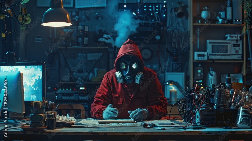 Mysterious hacker in a dimly lit room, man in a gas mask sitting at a ...
