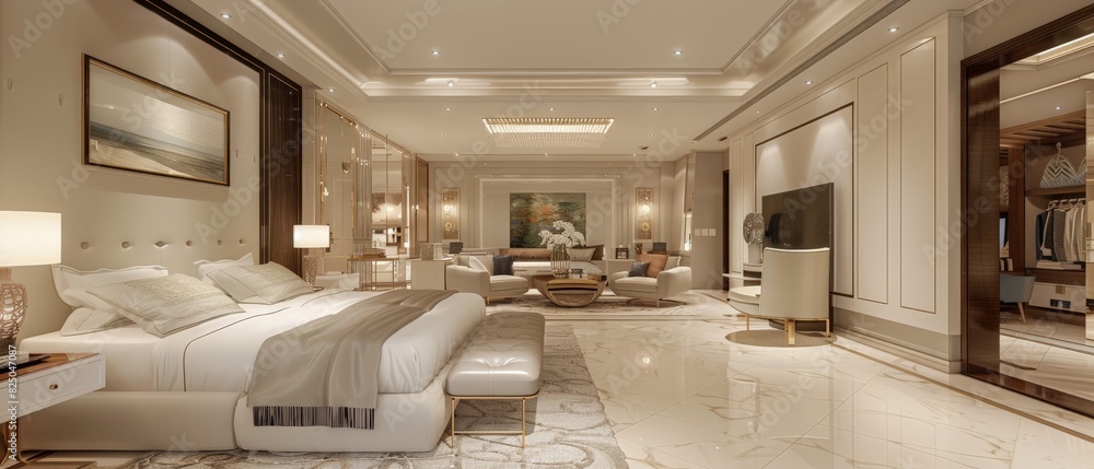 The spacious and luxurious hotel room has a king-size bed, a sitting ...