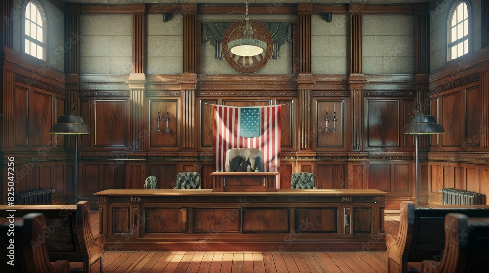 Courtroom interior with empty jury box, wooden furniture, judges bench ...