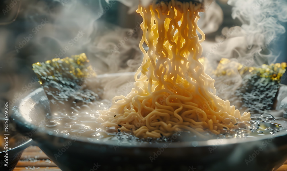 Cooking noodles with chopsticks is a traditional method in Asian ...