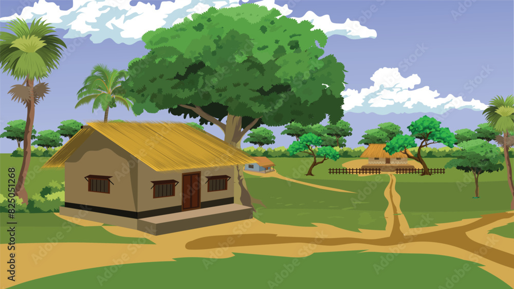 Cartoon background village scene vector illustration with old houses ...