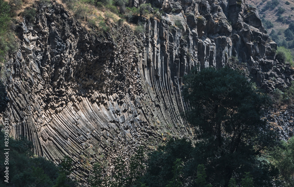 Geological structure known as basalt columnar jointing, with curved and ...