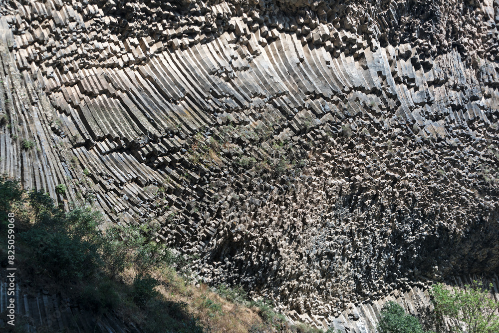 Columnar jointing in the Armenian Garni Gorge. Cliff walls of well ...