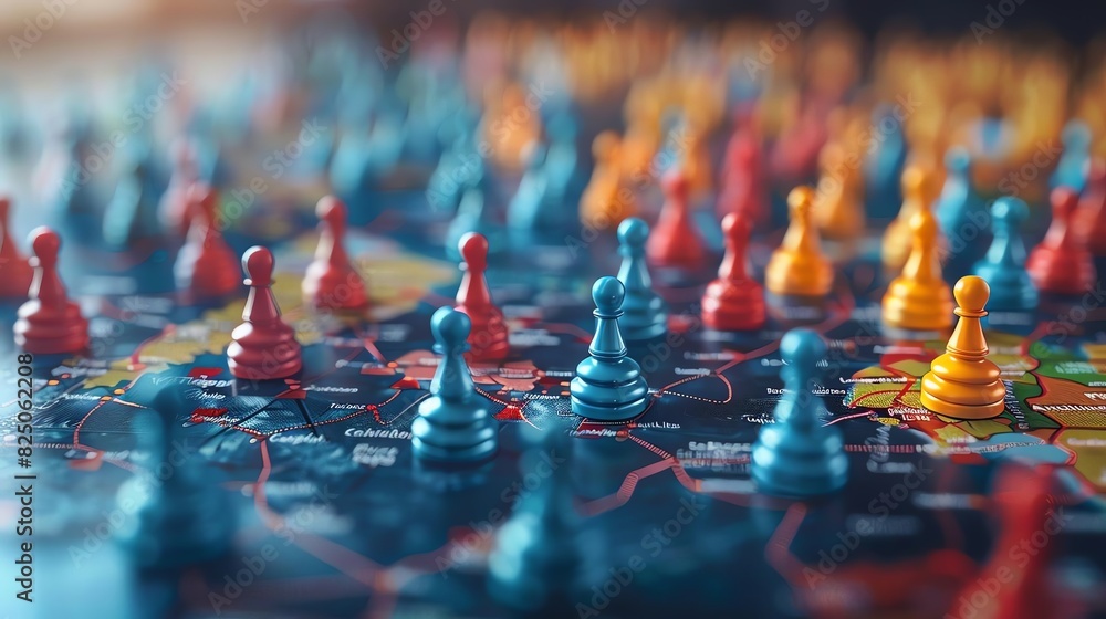 Strategic Planning 3D figures with a map, plotting joint venture ...