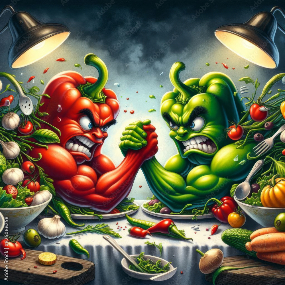 Animated Scene of Muscular Bell Peppers Arm Wrestling Amidst Fresh ...