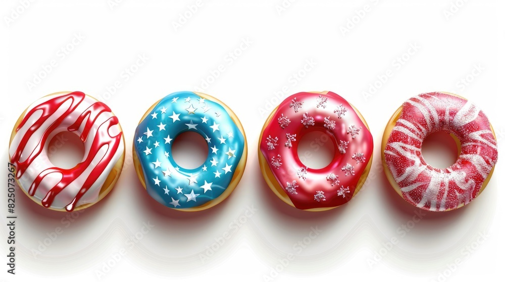 Four donuts with different colors and designs. The donuts are arranged ...