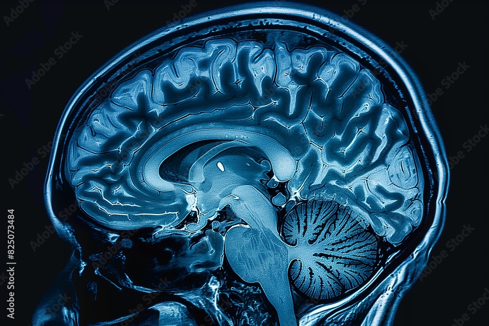 Blue X-ray image of human brain anatomy, 3-D sagittal section (side ...