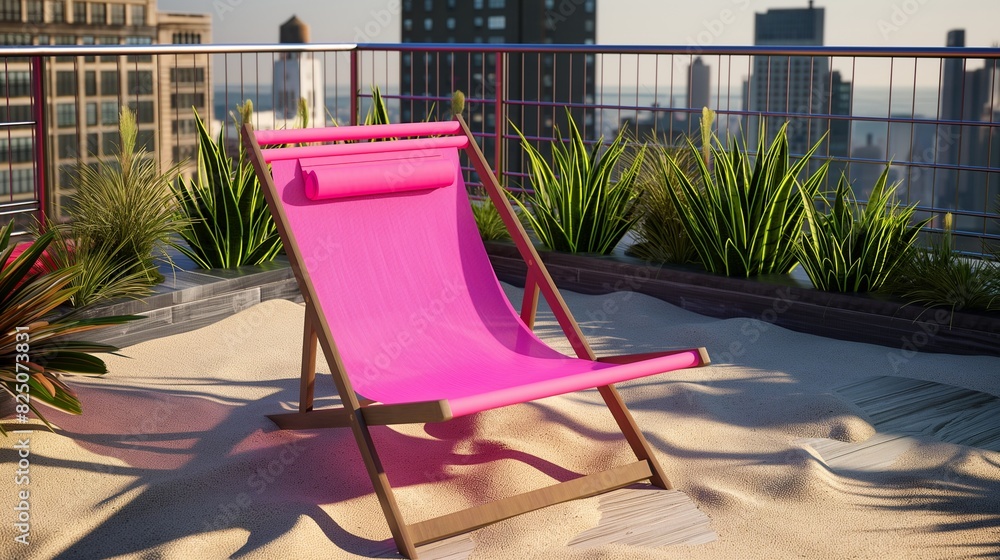 A neon pink beach chair on a city rooftop turned beach-style lounge ...