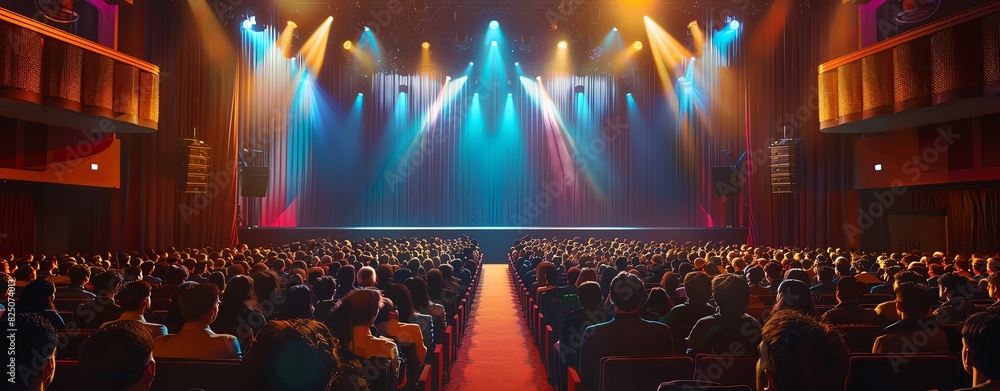 A large theater stage with colorful spotlights, where an open ...
