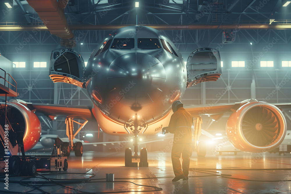 Aircraft hangar assembly, welder repair. Engineers assembling an engine ...