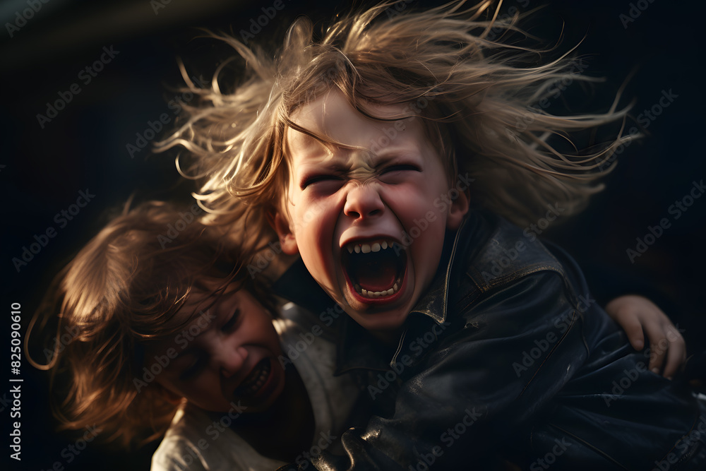Little children brother and sister screaming with emotions and ...