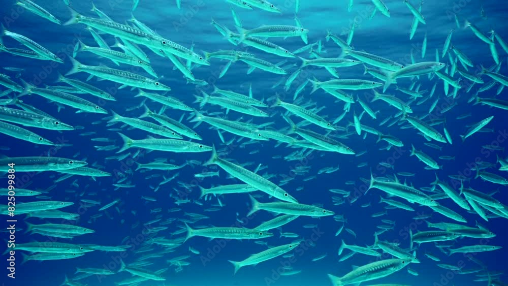 Large school of Barracudas swims in blue water on surface of water ...
