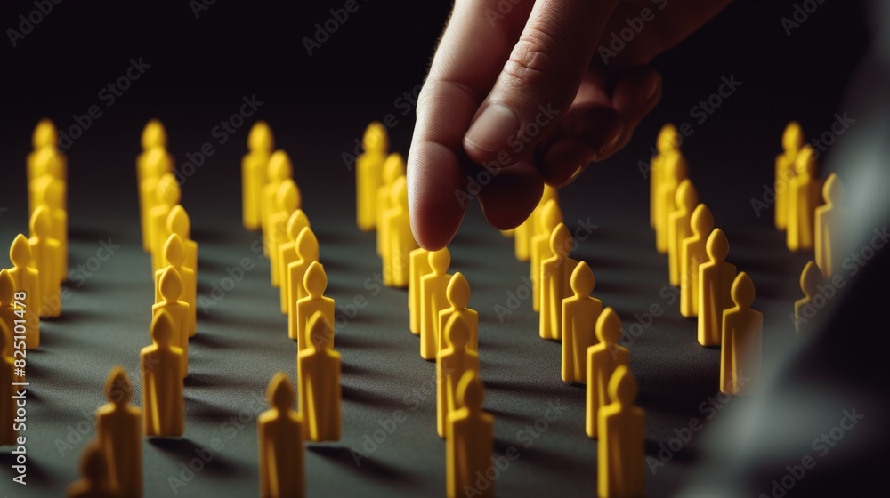A hand is reaching down to touch a yellow person in a crowd. Concept of ...
