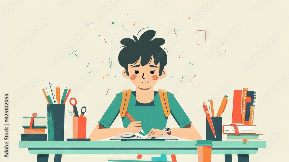 A 2D flat style illustration of a student character engaged in a ...