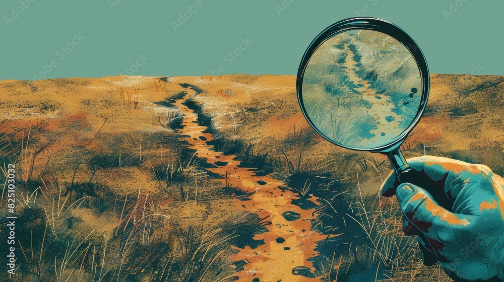 ilustración en 2D de una lupa sostenida en una mano, mirando una serie ...