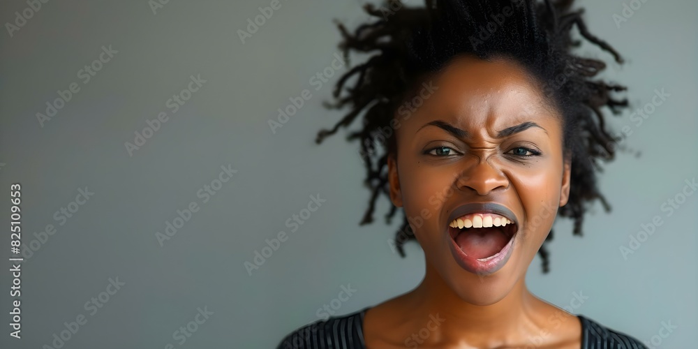 Black woman shouting loudly with mouth wide open. Concept Portrait ...