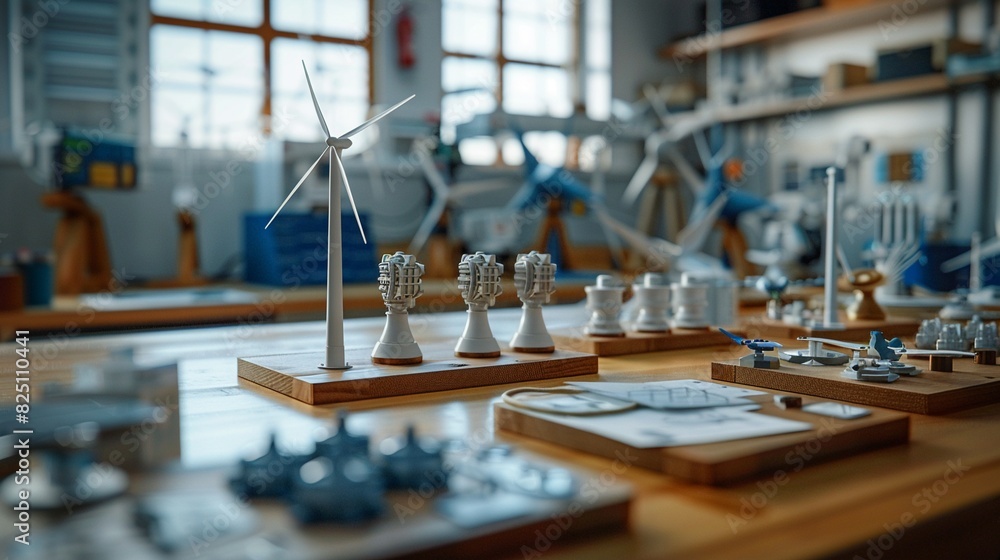 A workshop with different models and prototypes of wind turbine blades ...