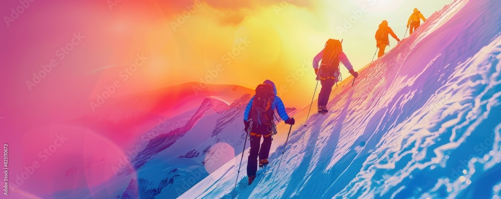 Team of climbers reaching the summit at sunrise, achieving a goal close ...