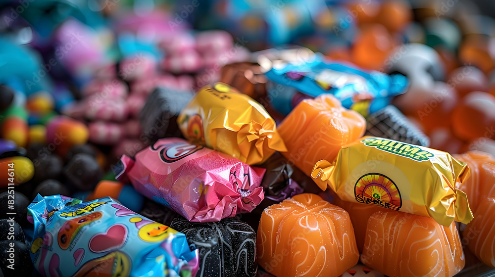 Colorful candy wrappers strewn across a table, captured in close-up ...