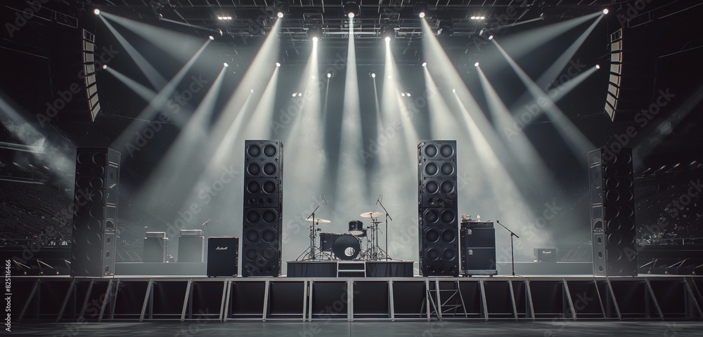 A stadium rock stage with massive empty speaker towers and a drum kit ...
