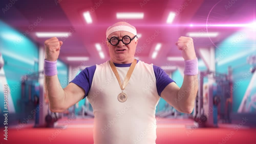 A funny senior athlete with a sports medal displays his strength by ...