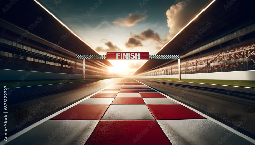 A racetrack finish line features a red and white checkered pattern. The track stretches into the ...