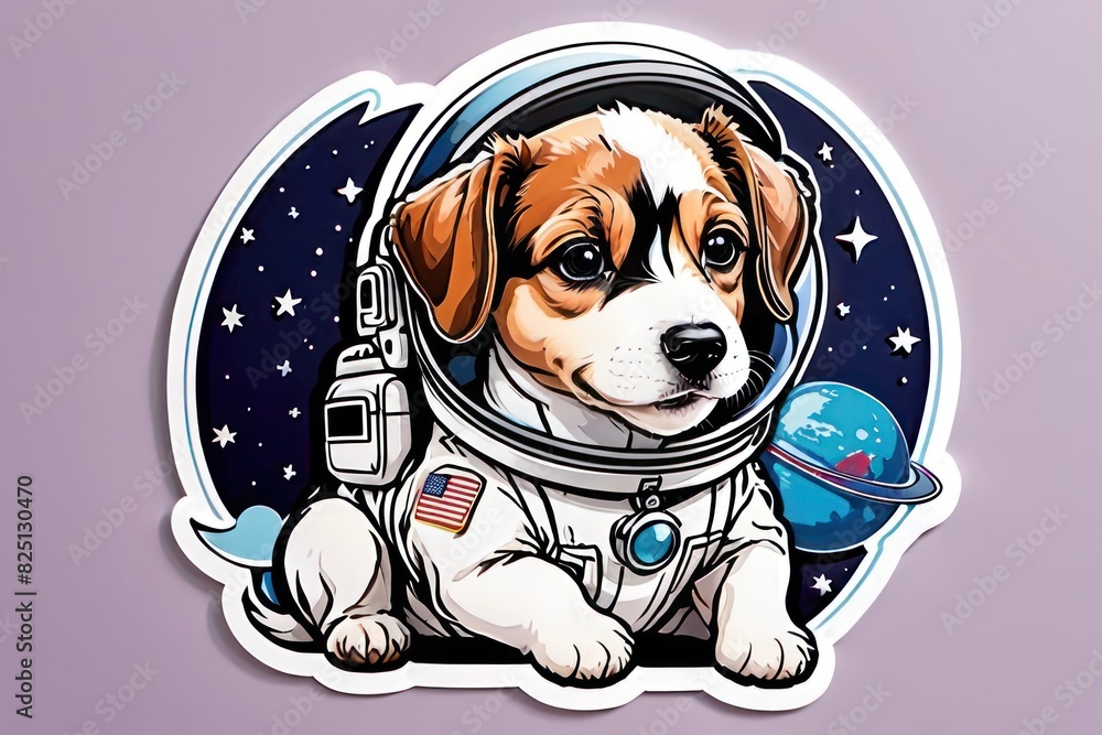 Whimsical sticker illustration featuring a jack russel dog astronaut ...
