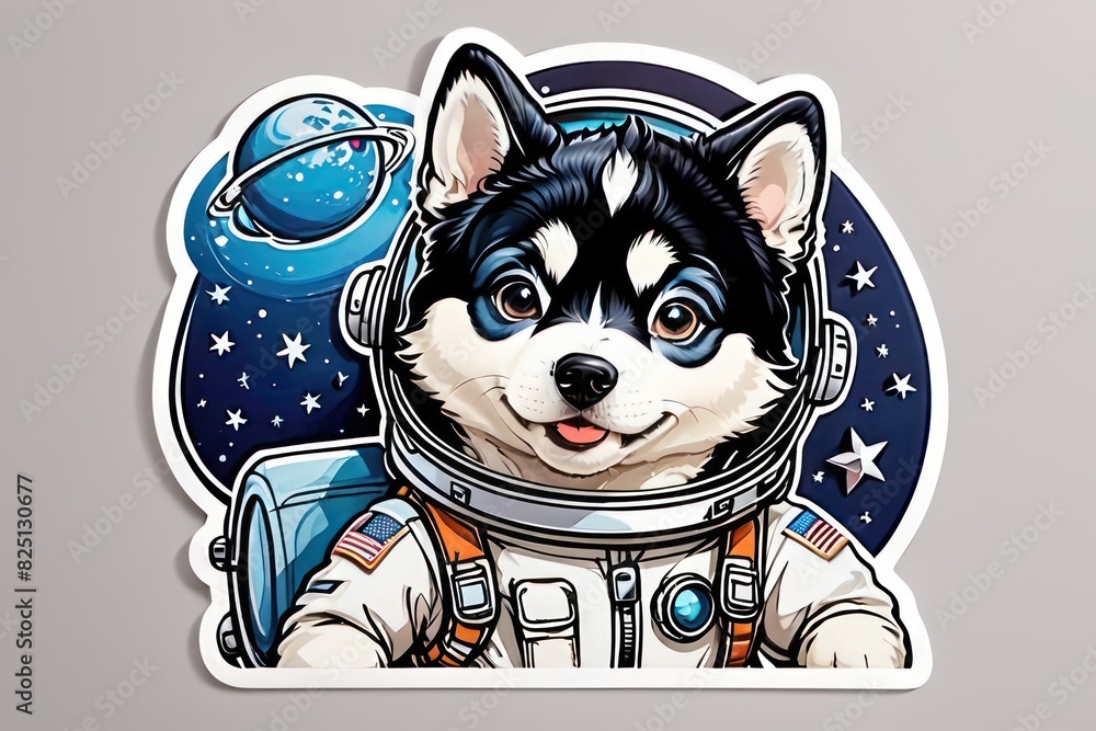 Quirky sticker illustration of a husky puppy astronaut in a space suit ...