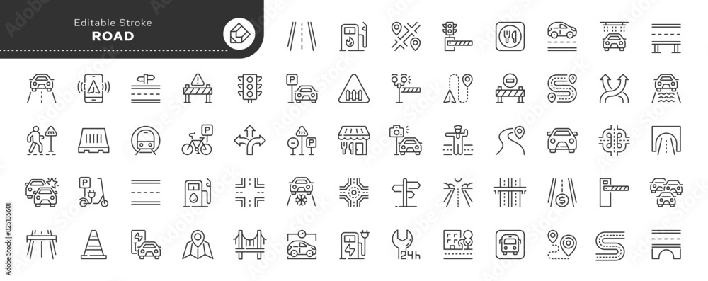 Road line icon set. Road sign, fence, highway, highway and car traffic ...