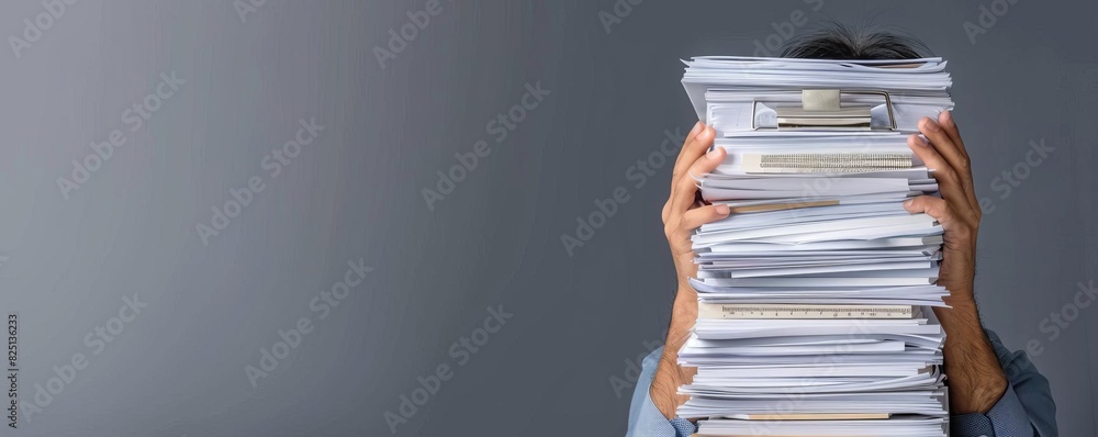 Overwhelmed professional holding a large stack of paperwork. High ...