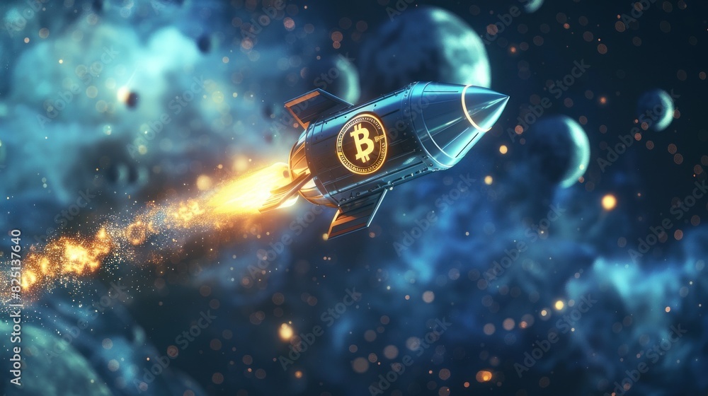 A rocket with the bitcoin logo is flying fast in space, leaving a light ...