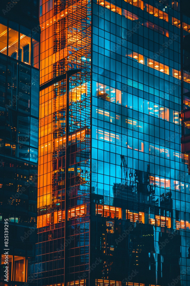 Reflective image at skyscrapers glass wall facade. Business office ...