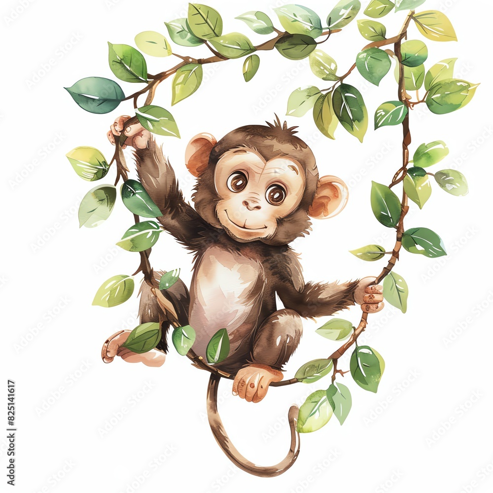 Watercolor illustration clipart of an agile monkey swinging from a vine ...