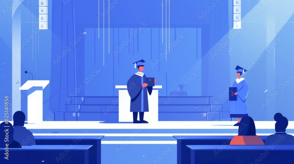 A 2D flat style illustration of a graduation stage, with a graduate ...