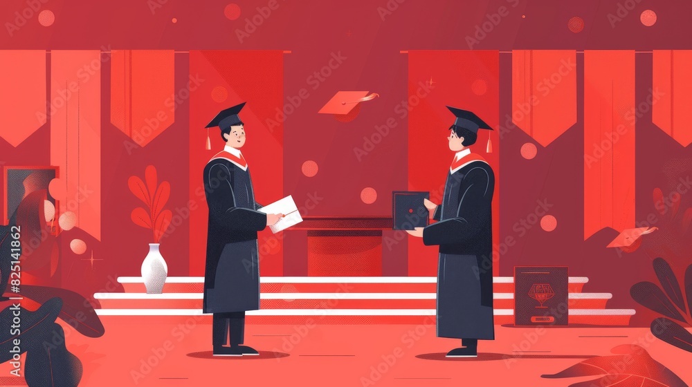 A 2D flat style illustration of a graduation stage, with a graduate ...