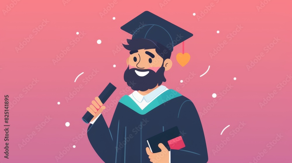 A graduate character holding a diploma and smiling, illustrated in a 2D ...