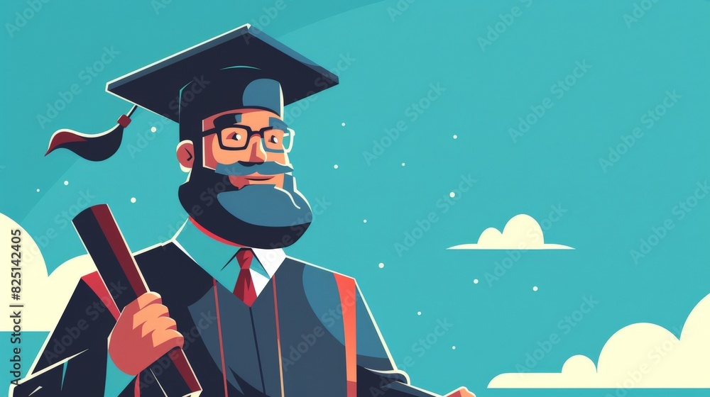 A 2D flat style illustration of a graduation photo, featuring a ...