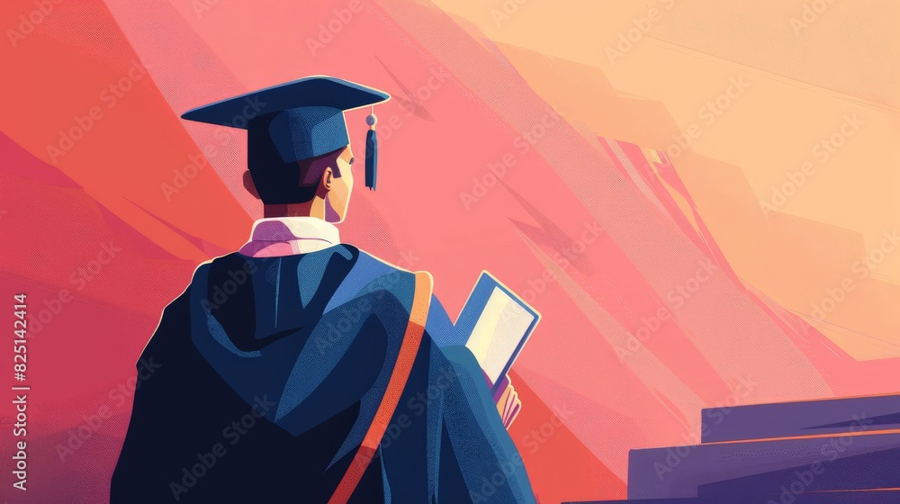 A 2D flat style illustration of a graduation photo, featuring a ...