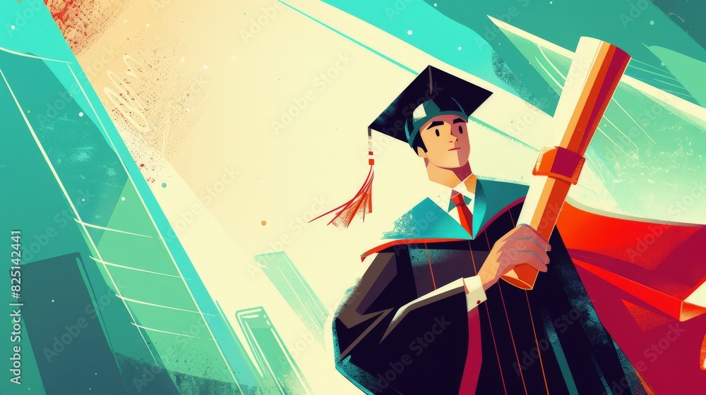A 2D flat style illustration of a graduation photo, featuring a ...