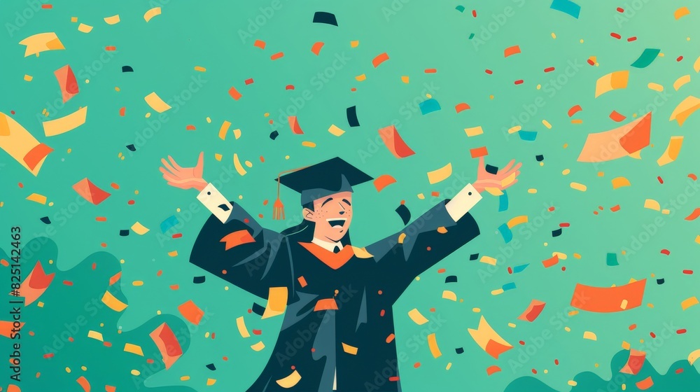 An illustration of a graduate character celebrating with confetti in a ...
