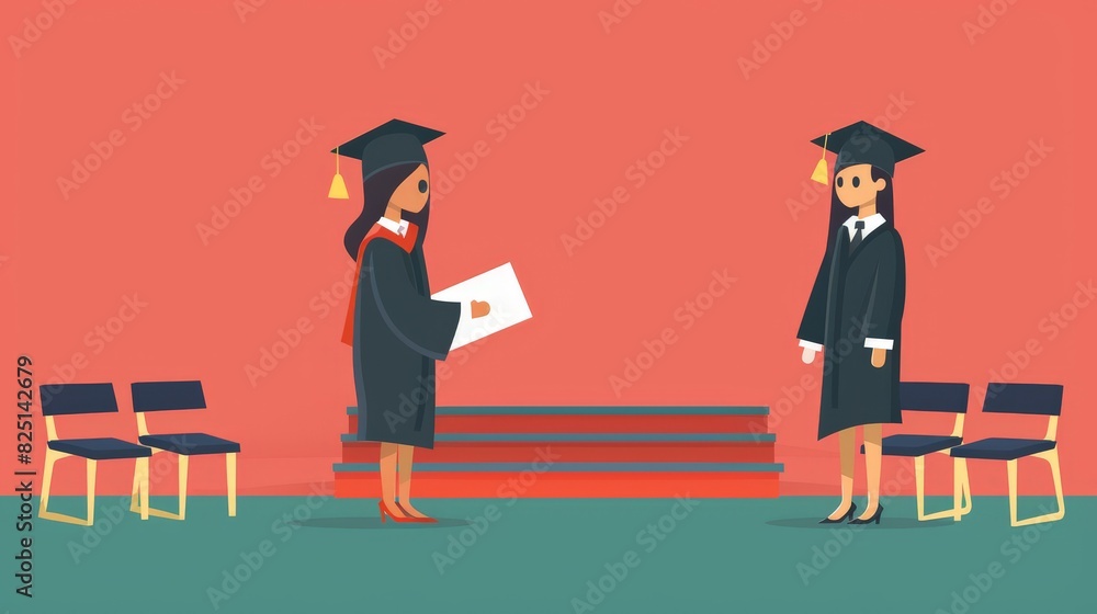 A 2D flat style illustration of a graduate character receiving their ...
